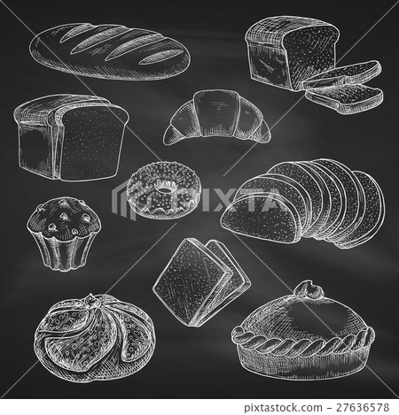 Bread chalk vector sketch icons on blackboard - Stock Illustration ...