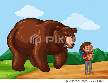 Hiker and big bear in the field - Stock Illustration [27744693] - PIXTA