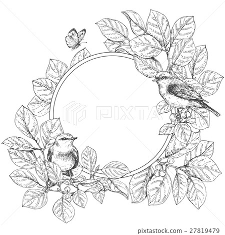 Round Floral Frame with Birds - Stock Illustration [27819479] - PIXTA