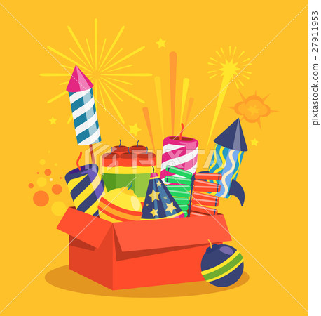 Fireworks and Pyrotechnics in Box on Yellow - Stock Illustration ...