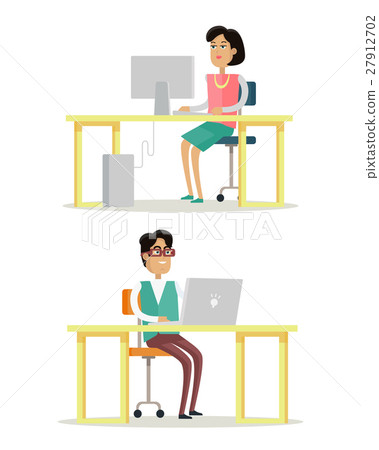 Computer Work Concept Illustration In Flat Design. - Stock Illustration ...