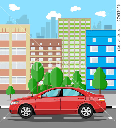 Urban cityscape with red car - Stock Illustration [27935436] - PIXTA