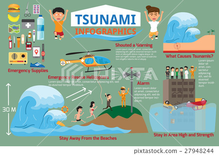 Tsunami with survival infographic elements. - Stock Illustration ...