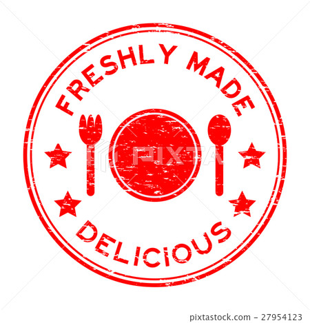 Grunge red freshly made delicious rubber stamp - Stock Illustration ...