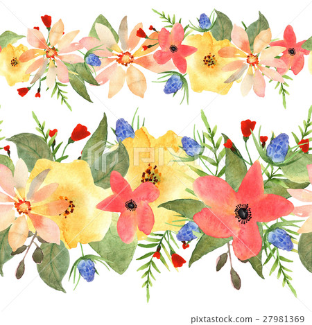 Seamless floral border. Roses and wild flowers - Stock Illustration ...