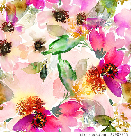 Seamless summer pattern with watercolor flowers - Stock Illustration ...