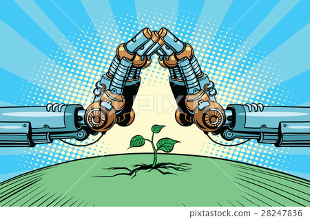The robot arm protect green sprout, technology - Stock Illustration ...