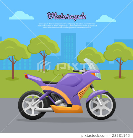 Contemporary Violet Motorcycle on Road in Big City - Stock Illustration ...