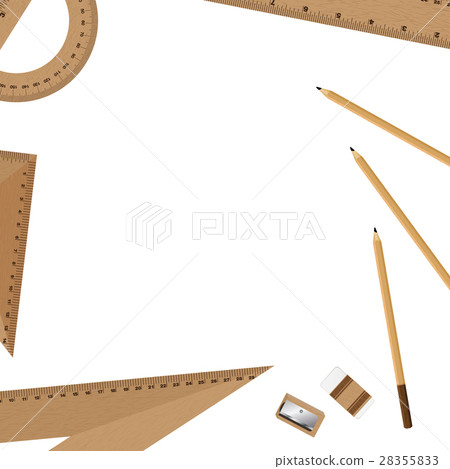 Ruler and pencil, eraser with sharpener background - Stock Illustration ...