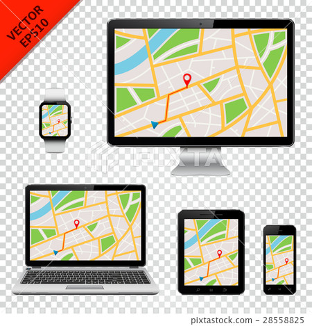 Modern technology devices with GPS map on screen - Stock Illustration ...
