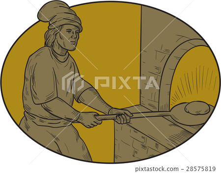 Medieval Baker Bread Peel Wood Oven Oval Drawing - Stock Illustration ...