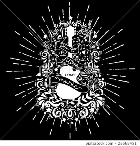 Hand drawn electric guitar with ribbon and text - Stock Illustration ...