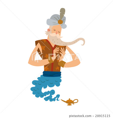 Cartoon genie character magic lamp flat vector - Stock Illustration ...