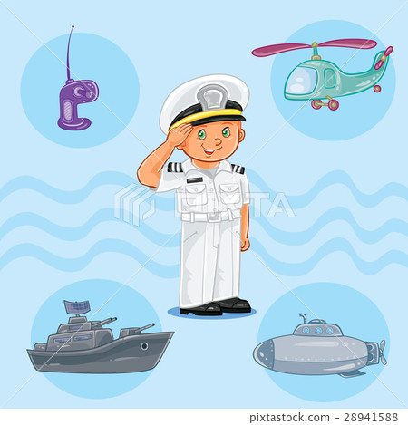 Little boy seaman with a warship, submarine and - Stock Illustration ...