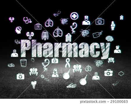 Medicine concept: Pharmacy in grunge dark room - Stock Illustration ...