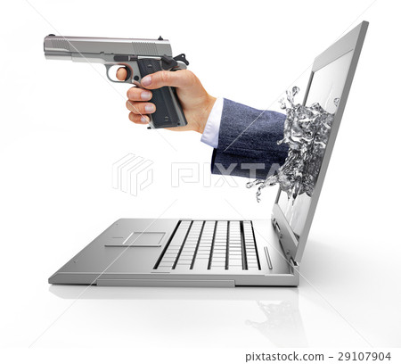 Human hand with gun, splashing out from... - Stock Illustration ...