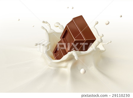Chocolate block falling into milk splashing. - Stock Illustration ...