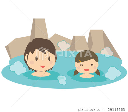 Cute family girl and mama hot spring outdoor bath - Stock Illustration ...