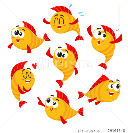 Golden, yellow fish characters with human face - Stock Illustration ...
