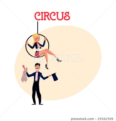 Magician conjuring rabbit out of hat, acrobat on - Stock Illustration ...