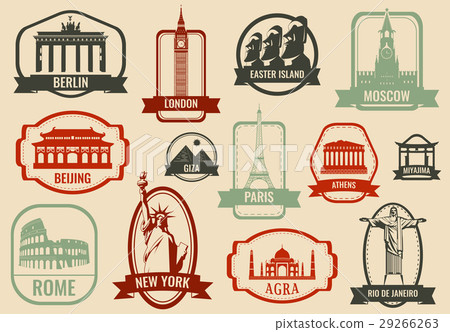 Famous monuments and landmarks collection labels - Stock Illustration ...