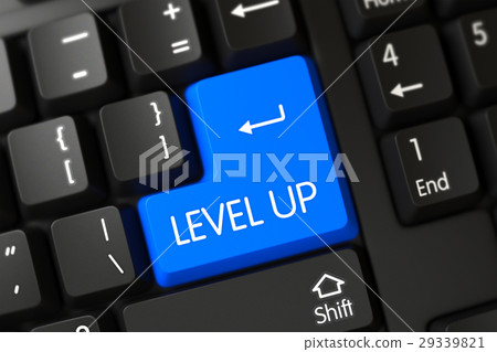 Level Up CloseUp of Blue Keyboard Button. 3d. - Stock Illustration ...