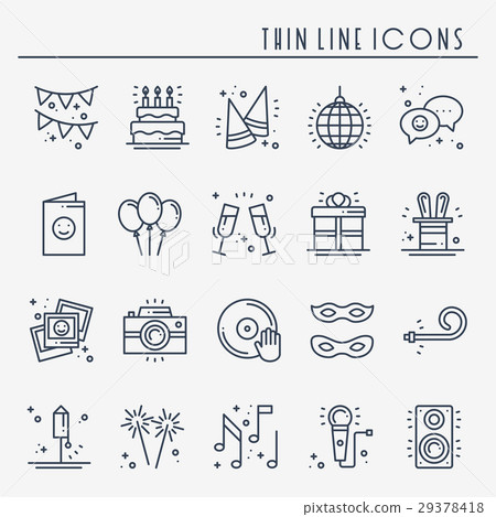 Party celebration thin line icons set. Birthday - Stock Illustration ...