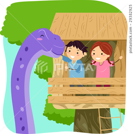 Stickman Kids Dinosaur Treehouse Brontosaurus - Stock Illustration ...