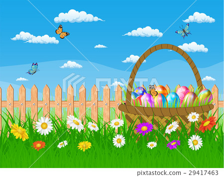 Easter card with Easter eggs on a grass field - Stock Illustration ...