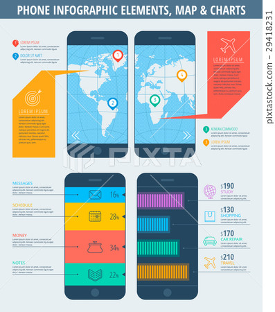 Phone map of the world and charts - Stock Illustration [29418231] - PIXTA