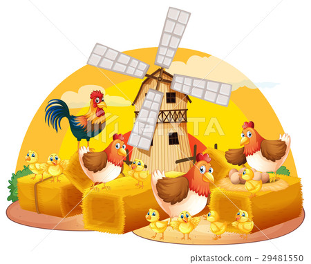Hens and chicks on the hay - Stock Illustration [29481550] - PIXTA