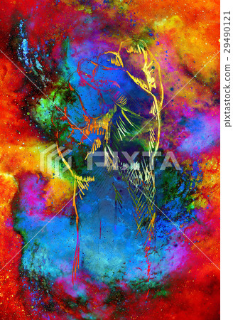 Fist drawing, in cosmic background. fire effect. - Stock Image - Everypixel