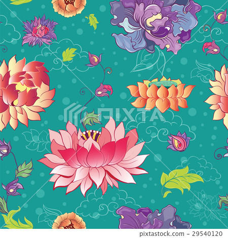 Pattern with oriental, asian flowers - Stock Illustration [29540120 ...
