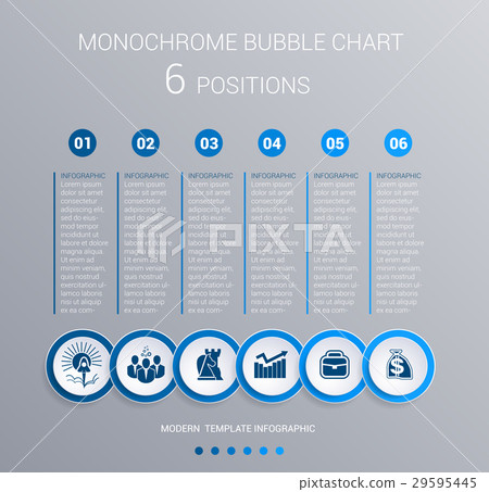Monochrome blue bubbles chart Infographics 6 steps - Stock Illustration ...