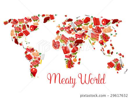 Meat world map poster with beef, pork, ham, bacon - Stock Illustration ...