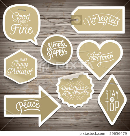 Stickers on rustic wood background - Stock Illustration [29656479] - PIXTA