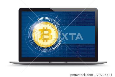 Black Notebook Golden Bitcoin Blue Screen - Stock Illustration ...