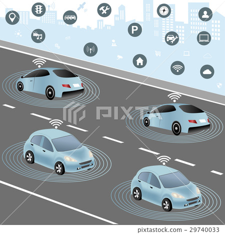 Autonomous cars and Wireless network of vehicle - Stock Illustration ...