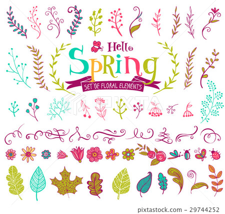 Floral spring design elements in doodle style - Stock Illustration ...