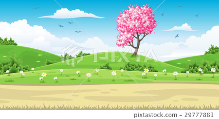 Illustration of a spring landscape with tree - Stock Illustration ...