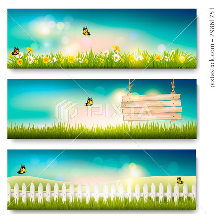 Set of spring nature landscape banners with grass - Stock Illustration ...