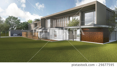 nice modern style house with beautiful park tree - Stock Illustration ...