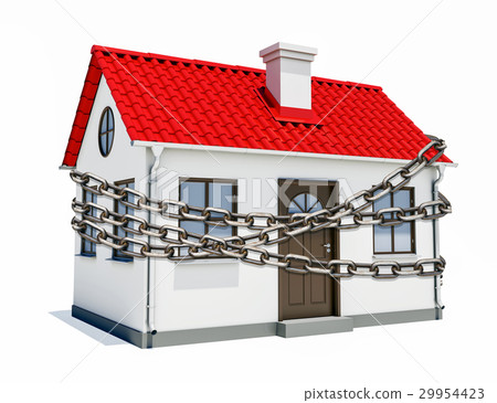 House with a red roof is wrapped in metal chain - Stock Illustration ...