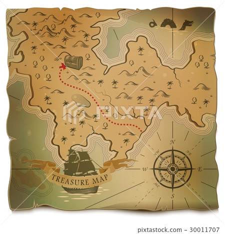 Ship or boat and treasure on old map - Stock Illustration [30011707 ...
