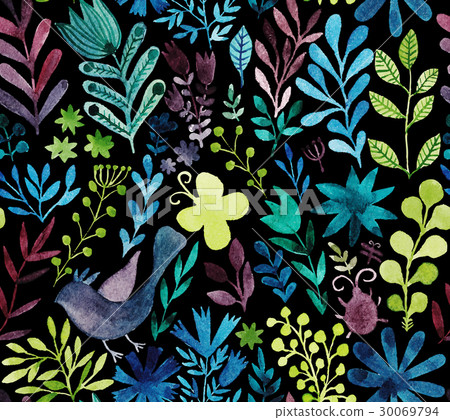 Watercolor texture with flowers and plants. Floral-插圖素材 [30069794 ...
