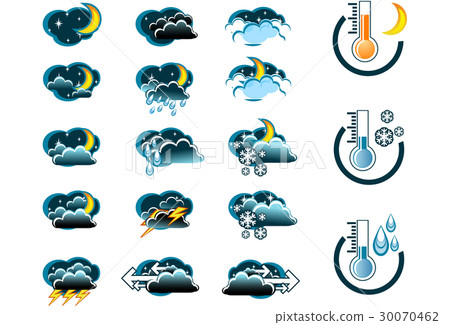 Night weather forecast icon set and thermometers - Stock Illustration ...