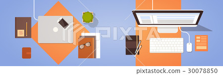 Workplace Desk Top Angle View Laptop And Desktop - Stock Illustration ...