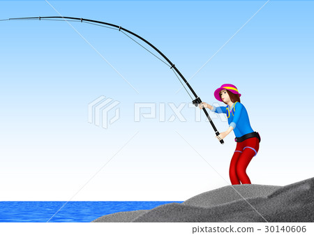 Jigging> Fishing girl to catch big fish with... - Stock Illustration ...