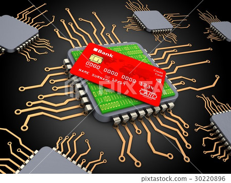 3d illustration of computer chips with bank card - Stock Illustration ...