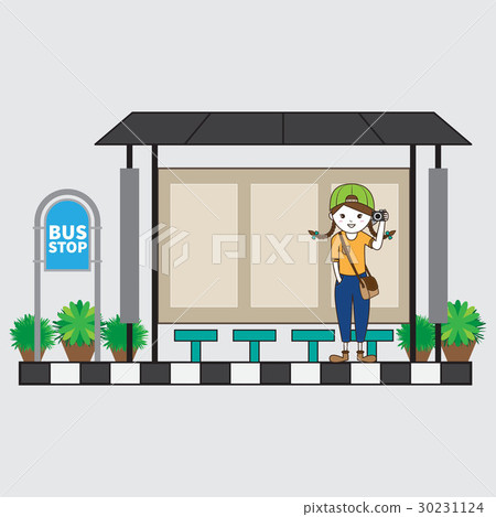 Woman standing for bus at waiting shed (bus stop). - Stock Illustration ...